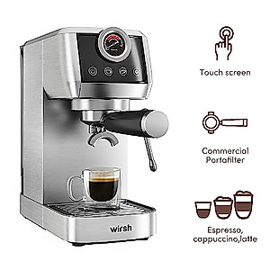 Espresso Machine, Wirsh 20 Bar Espresso Coffee Maker with Plastic Free Portafitler and Steamer for Latte and Cappuccino, Expresso Coffee Machine with Pressure Gauge, Touch Screen, Full Stainless Steel (Home Barista Plus)