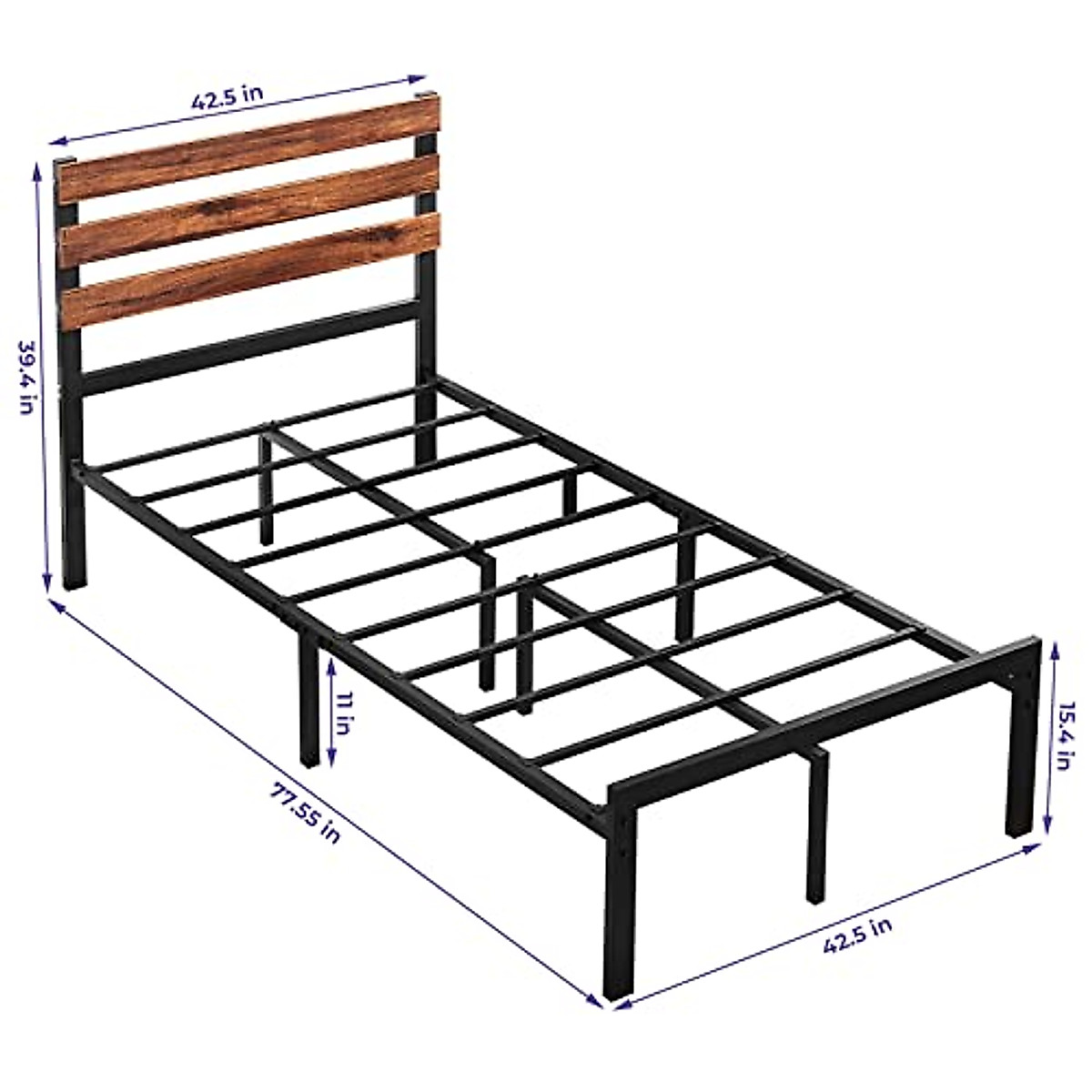 GreenForest Twin Bed Frame with Wooden Headboard Platform Bed with Metal Support Slats NO-Noise Heavy Duty Bed Industrial Country Style with 9 Strong Legs No Need Box Spring, Twin