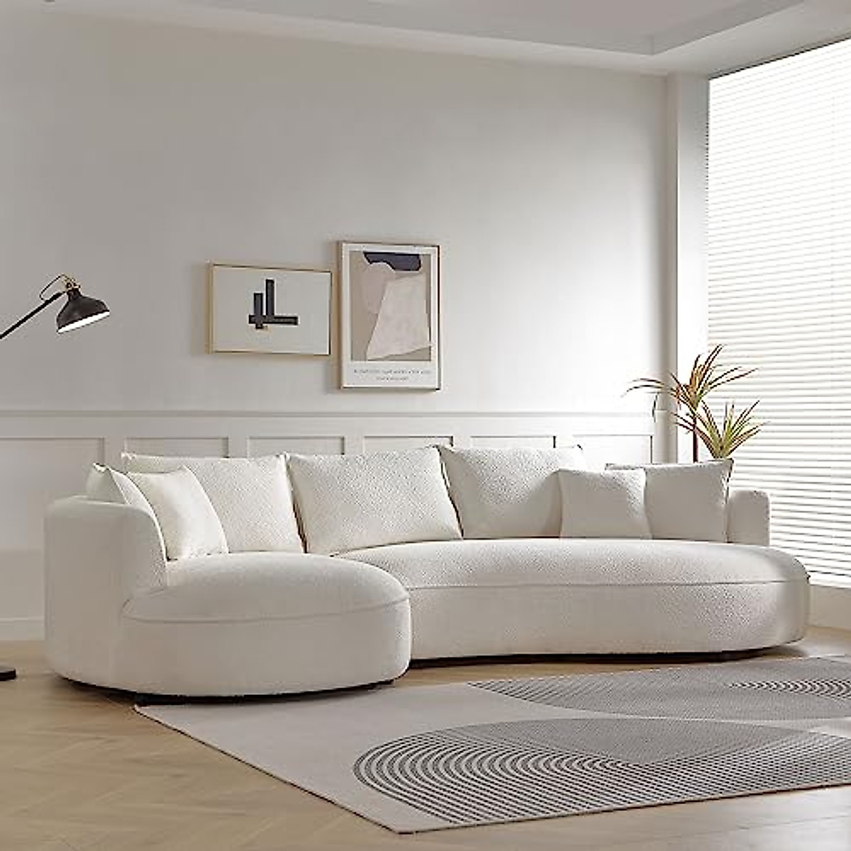 ERYE Luxury 6 Seats Teddy Boucle Freestanding Sectional Sofa, Modern Right Wide Chaise Comfy Leisure Couch with 7 Perfectly-Scaled Pillows, Oversized Sleek Curved Sofa&Couch for Living Room