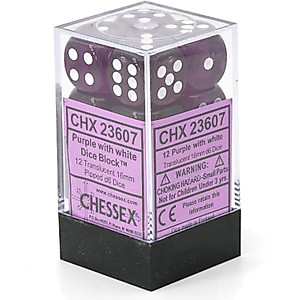 Chessex Dice Translucent Purple 6 Sided 16mm Dice Block (12-Dice), Purple/White (23607)