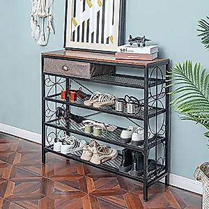 X-cosrack Shoe Rack, 4-Tier Shoe Rack Organizer Industrial Metal Closet wooden vertical Shoe Rack Storage Garage Shoe Stand for Closets Entryway Brown Black