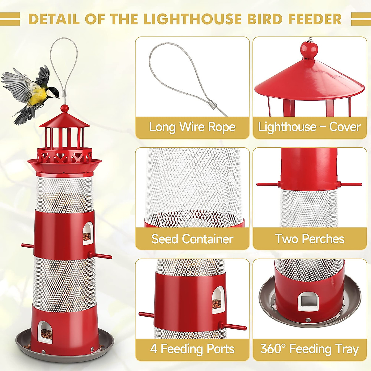 Decflow Bird Feeders for Outdoors Hanging, Wild Bird Feeders for Outside Squirrel Proof, Metal Bird Seed Feeder for Small Birds, 4 lbs Large Capacity for Cardinal, Finch, Sparrow, Blue Jay.