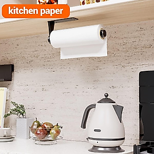 Paper Towel Holder Under Cabinet, Single Hand Operable Wall Mount with Damping Effect, Self-Adhesive or Drilled for Kitchen Bathroom, Black