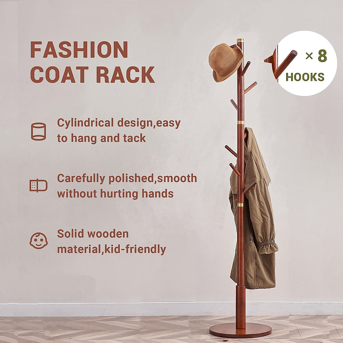 Frestanding Coat Rack with 8 Hooks for Coats and Bags - Sturdy and Easy to Assemble Coat Tree for Entryway, Hallway, Bedroom, and Office