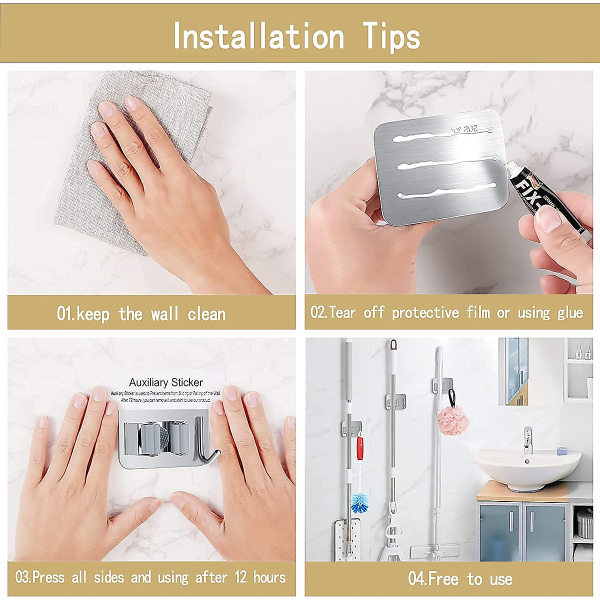 HUOWUSS Broom Mop Holder, 3PCS Sturdy Broom Holder Wall Mount, 304 Metal Stainless Steel Broom Holder and Storage, Utility Storage Rack Heavy Duty Tools Hanger for Home Office Closet & Garden