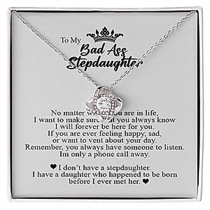 To My Bad Ass Step Daughter, Gifts for Stepdaughter, Step Daughter Gifts, Love Knot Necklace, Jewelry Card for Her, Stainless Steel, Cubic Zirconia