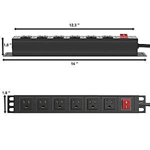 BTU 6 Outlet Power Strip, Metal Mountable Power Strip Surge Protector, Heavy Duty Wall Mount Power Outlet for Commercial, Industrial, Workshop, 6FT Power Cord, 15A/125V 1875W (Black 6FT)