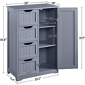 Yaheetech Large Bathroom Floor Cabinet with 4 Dawers and Single Door Cabinet, Freestanding Storage Cabinet for Living Room Kitchen Hallway, Gray
