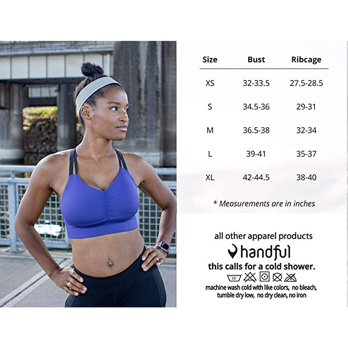 Handful Double Down Women's Medium Impact Sports Bra, Removable Pad Inserts, Wire Free, Cross Back, Strappy Yoga Bra, Smoke Show, Small