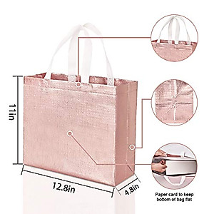 NatuBeau 12 PCS Glossy Reusable Grocery Shopping Bags Stylish Tote Bags with Handle Non-woven Gift Bags Bridesmaids Bags Goodies Bag for Women Bridesmaid Birthday Party Wedding Christmas (Rose Gold)