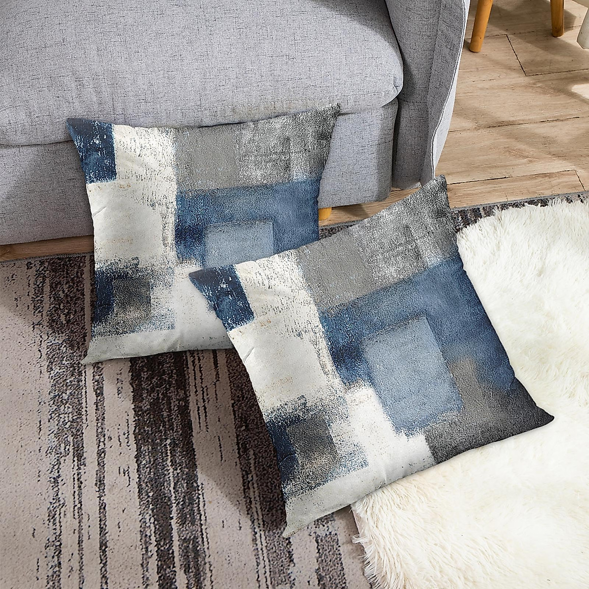 Emvency Set of 2 Throw Pillow Covers Modern Abstract Painting Blue White and Gray Decorative Sofa Pillow Cases Home Decor Standard Square 24x24 Inches Pillowcases