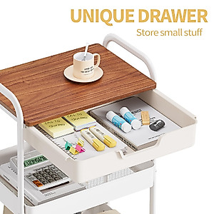 TOOLF 3-Tier Utility Rolling Cart with Wooden Board and Drawer, Metal Storage Cart with Handle, White Trolley Kitchen Organizer Rolling Desk with Locking Wheels for Office, Classroom, Home, Bedroom