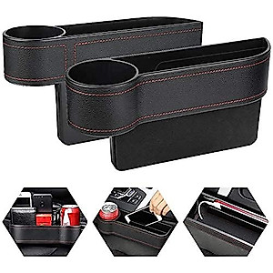 Car Seat Gap Filler, 2 Pack Multifunctional Car Seat Organizer with Cup Holder, Car Console Side Organizer for Cellphones, Wallets, Keys, Coin, Cards, Sunglasses, Passenger Side & Driver Side - Black