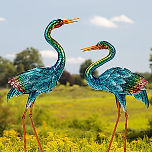 Natelf Garden Crane Statues for Outdoor, Blue Heron Decor Standing Garden Art Sculptures, Metal Large Birds Lawn Ornaments for Patio Pond Yard Lawn Decorations, Set of 2