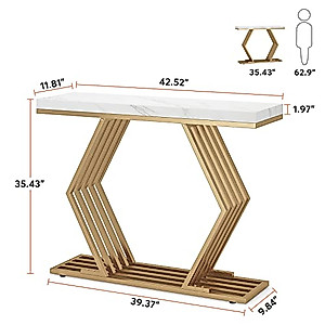 Tribesigns 42 inches Modern Gold Console Table with Geometric Metal Base, White Faux Marble Narrow Entryway Table Foyer Table for Entrance, Living Room, Hallway, Entryway