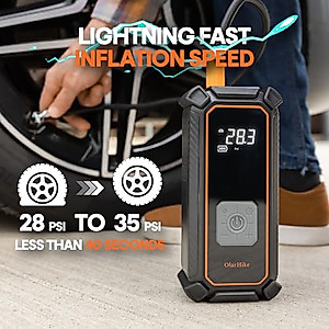 OlarHike Portable Tire Inflator - Air Compressor for Car Tires with Automatic Shutoff - 120 psi Digital Pressure Gauge and Emergency LED Light - Cordless and Compact Automotive Pump - Black and Orange