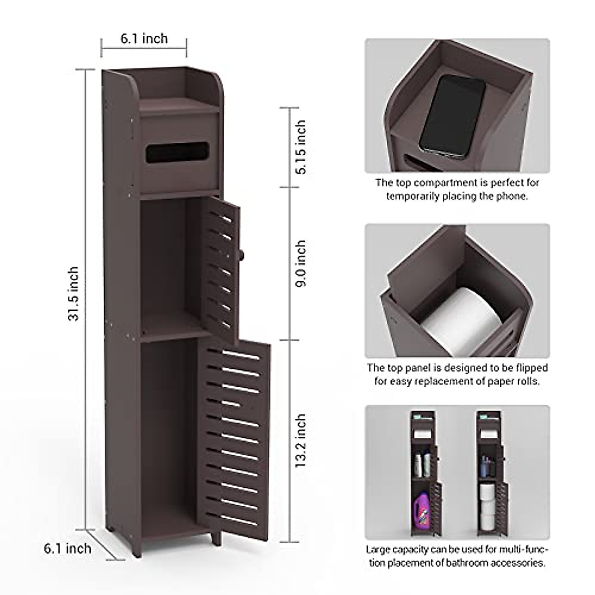 AIRE Small Bathroom Storage Cabinet with 2 Doors and 2 Shelves, W6 x D6 x H31 Bathroom Organizer, 4 Tier Design Toilet Paper Storage Stand for Corner and Small Space (Brown)