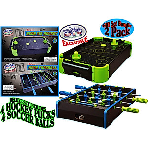 Matty's Toy Stop Deluxe 20" Wooden Tabletop NEON Air Hockey (Extra Pucks) & NEON Foosball (Soccer) (Extra Balls) Games Gift Set Bundle - 2 Pack