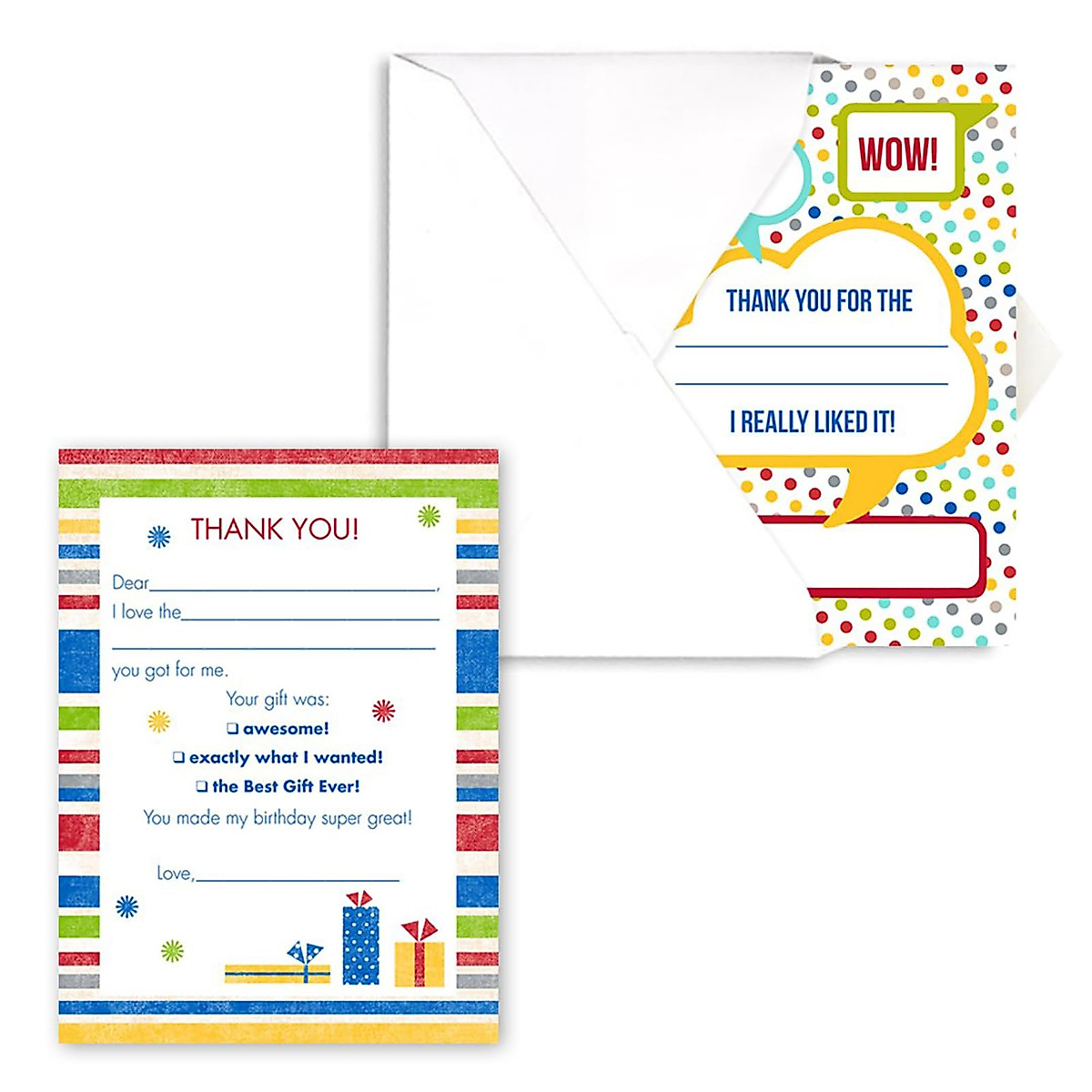 Dots and Stripes Kids Thank You Note Card Pack / 20 Fill In Childrens Colorful Thanks Cards With White Envelopes / 4 5/8" x 6 1/4" Kid Birthday Party Thank You