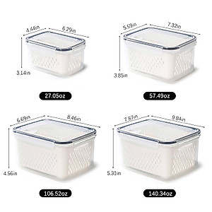 Fruit Storage Containers For Fridge Organizer Vegetable Fresh Food Keeper Produce Saver Refrigerator Reusable 4 Pack Box Multi-Size Large Capacity with Lid & Colander for Home Kicthen Travel Set