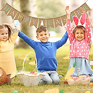 Doumeny Happy Easter Burlap Banner Easter Bunny Rabbit Bunting Garland Colorful Happy Easter Banner Bunting with White Rabbit Spring Easter Party Banner for Mantle Fireplace Wall Door Party Supplies