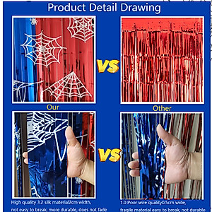 Spider Web Birthday Decorations Backdrop 2 Pack Spider Party Supplies Red Blue and Black Halloween Tinsel Foil Fringe Curtains Party Streamers Background for Boys Spider Theme Party Decorations