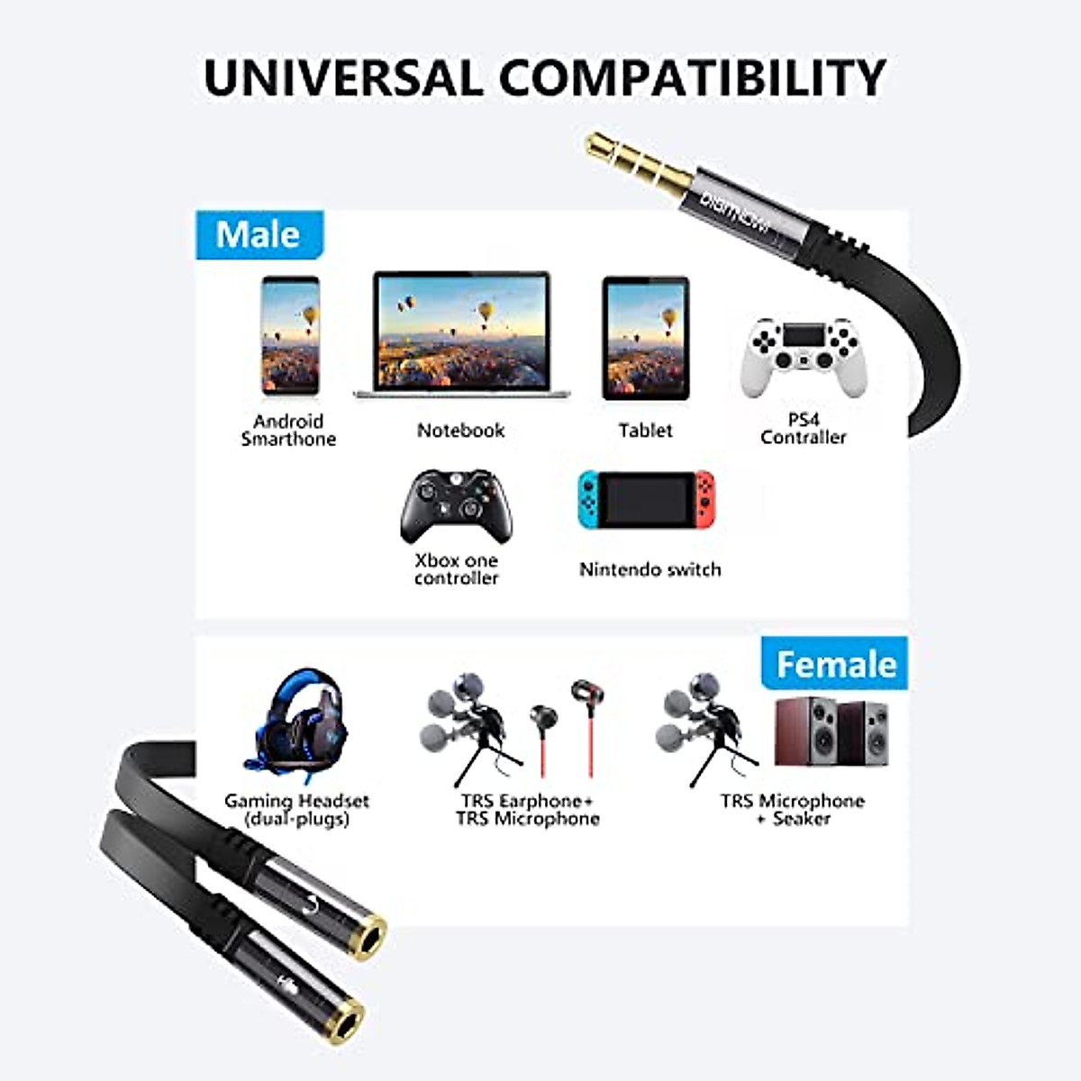 DIGITNOW 3.5mm 4 Pin Male to 2x3.5mm 3 Pin Female Combo Audio Splitter Y Adapter Cable Compatible for PS4,PS5,Xbox One S,Nintendo Switch,Tablet,Mobile Phone,PC Gaming Headsets and New Version Laptop