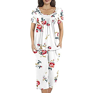 POPYOUNG Women's Pajamas Sets, Summer Short Sleeves Tunic Top with Comfy Capri Pants, Lounge Sleepwear 2 piece Ladies Pjs Sets with Pockets XL, Floral White