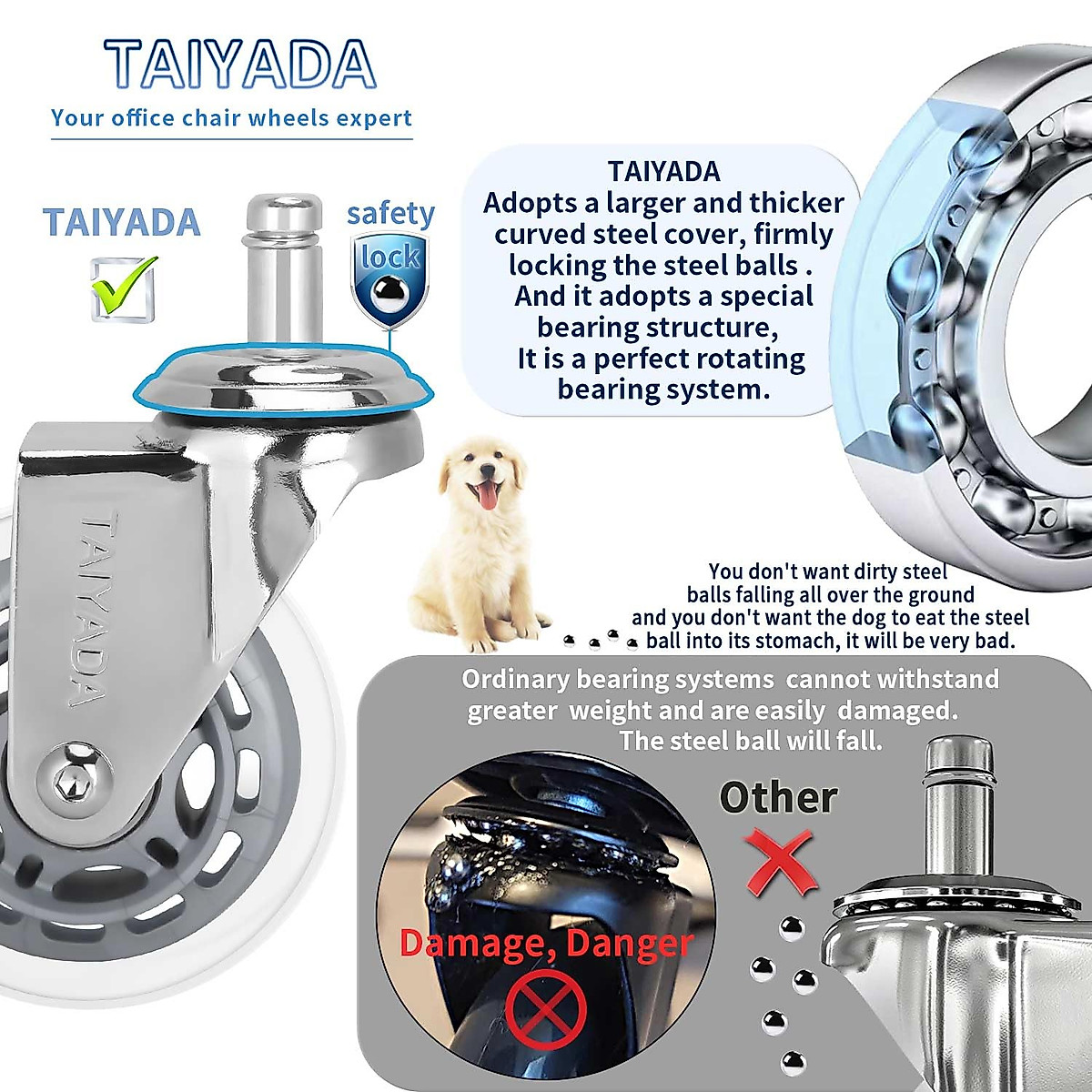 TAIYADA Silver Office Chair Wheels Replacement for Hardwood Floors and Carpet, Rubber Casters no Noise Safe Rolling, Set of 5 Heavy Duty Rollerblade Casters Fits 99% Office Chairs