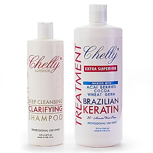 Chelly EXTRA SUPERIOR Brazilian Keratin Infused with ACAI BERRIES COCOA WHEAT& Clarifying Shampoo COMBO