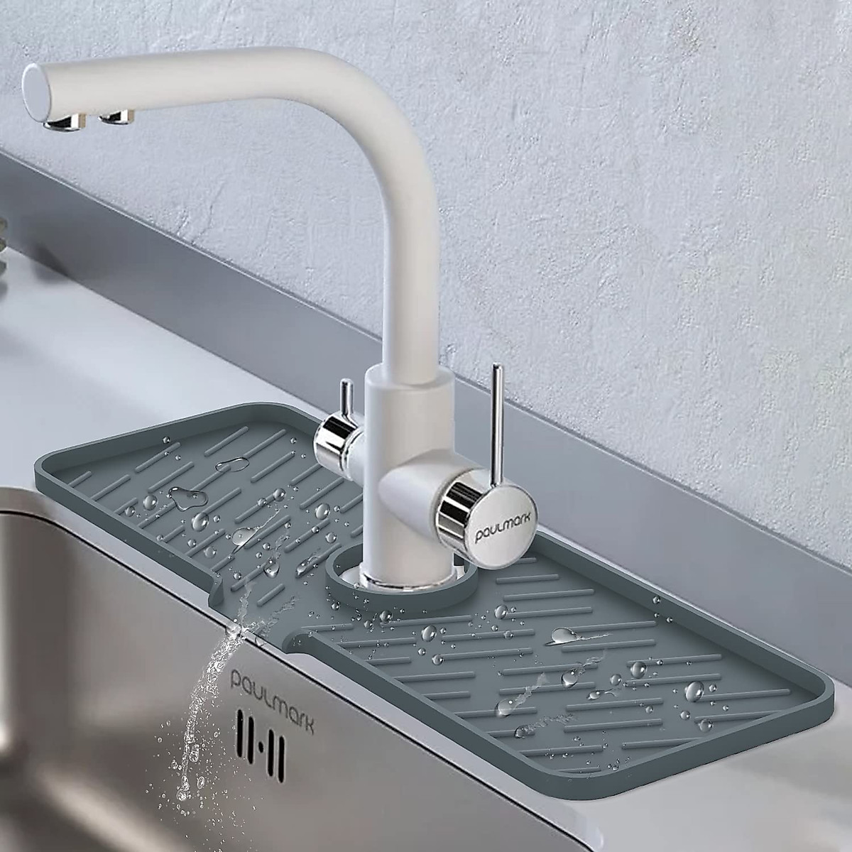 Silicone Faucet Splash Guard, 18” x 6.3” Faucet Water Catcher Mat, Longer Silicone Sink Mat, Faucet Handle Drip Catcher Tray Mat for Kitchen Countertop and Bathroom Sink Protectors (Dark grey)