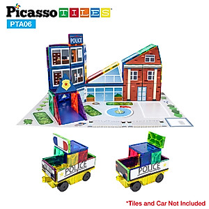 PicassoTiles 80pc School, Hospital, Police Station 3-in-1 Theme Magnet Self Adhesive Backing Stick-On Puzzle Graphic Kit and Overlay Maps for Magnetic Building Blocks STEM Learning Construction Toy