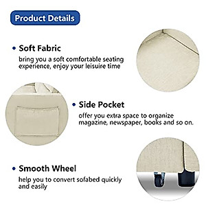 Polibi 54.5'' Modern Convertible Sleeper Sofa Bed with Two Arm Pockets, Velvet Sofa w/Pull-Out Bed Loveseat Sofa Couch and Adjsutable Back for Living Room (Beige)