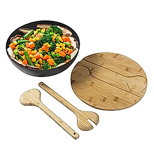 Webbylee Large Salad Serving Bowls with Tongs, Mixing Bowl with Servers with Nature Bamboo Lid Spoon and Fork for Salads, Fruits and Vegetables, Dishwasher Safe, BPA free (Dark grey)