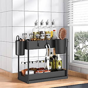 TYNIOPO Under Sink Organizers and Storage, 2-Tier Under Bathroom Cabinet Storage with Sliding Basket, Multi-purpose Storage Rack for Bathroom Kitchen Countertop Cabinet