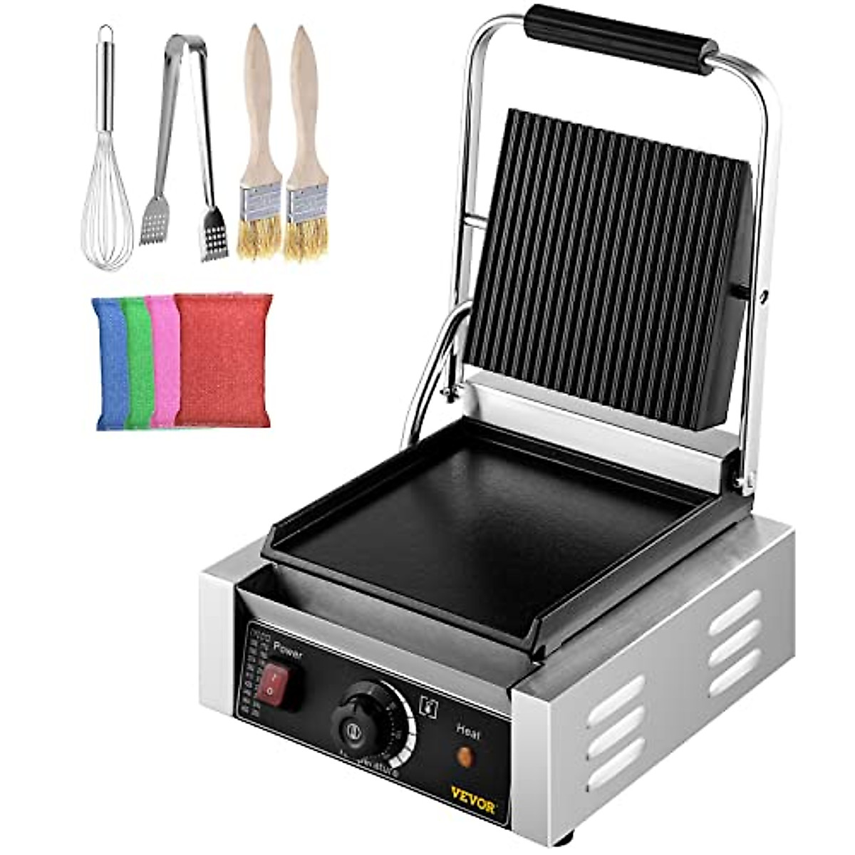 Happybuy Commercial Sandwich Panini Press Grill,110V 1800W Up Grooved and Down Flat Plates Electric Sandwich Maker, Temperature Control 122°F-572°F for Hamburgers Steaks Bacons