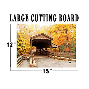 Fall Autumn Leave Covered Bridge Kitchen Glass Cutting Board Country Decorative Gift Design