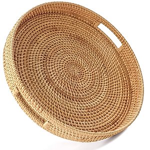 HITOMEN 14.2'' Hand-Woven Round Rattan Serving Tray Decorative Ottoman Wicker Platter with Handles for Coffee Table, Breakfast, Drinks, Snack, Bread, Fruit, Vegetables (Natural-L)