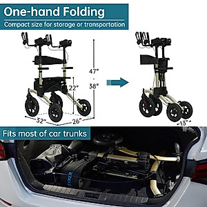 ELENKER All-Terrain Upright Rollator Walker, Stand up Rolling Walker with Seat, 12” Non-Pneumatic Tire Wheels, Compact Folding Design for Seniors, Champagne