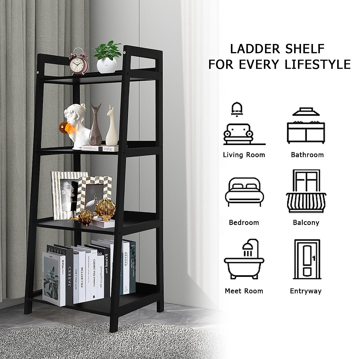 ECOMEX 4-Tier Ladder Shelf Modern Style Shelf, Ladder Bookshelf Open Storage Rack Wood Ladder Shelf with Solid Pine Frame, Freestanding Ladder Shelves for Home Office, Bedroom (Black)