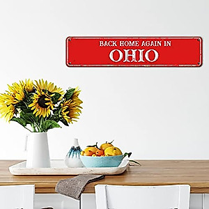 Nintydays Back Home Again in Ohio Metal Tin Sign Pure Red USA State Indoor Outdoor Decorations Waterproof for Garages Bar Courtyard Durable Metal Funny Garage Sign 4x18in