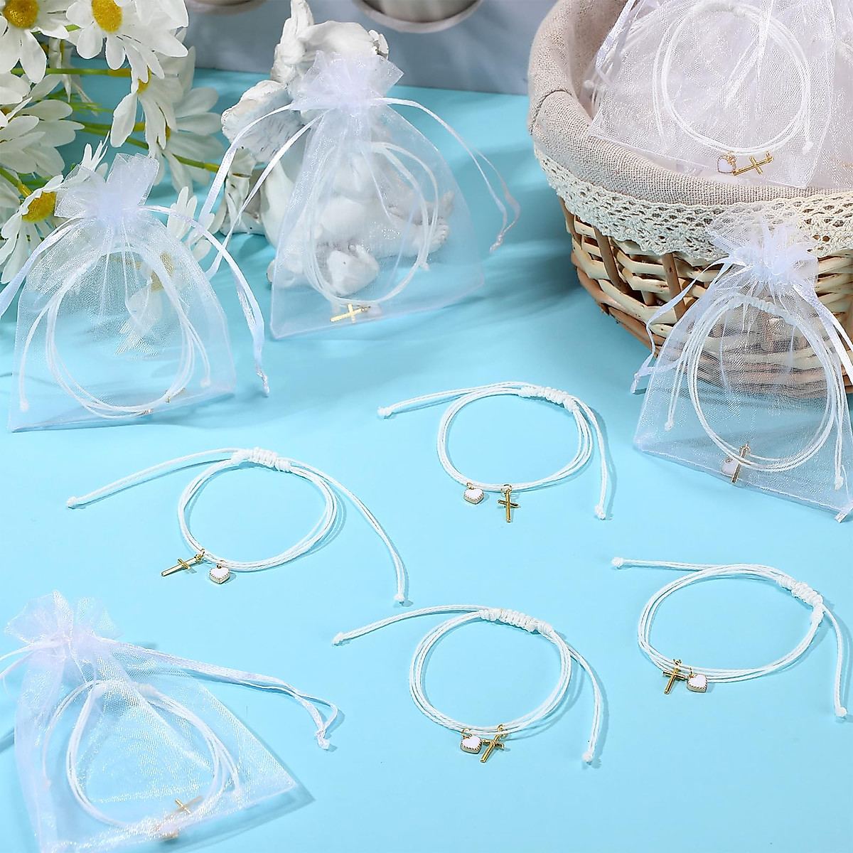 Ferreve 30 Sets Baptism Party Favors Cross Heart Bracelet Bulk with Organza Bag Christian Adjustable Religious Braided Rope for Church Wedding Baby Shower First Communion Sunday School Gifts(Gold)
