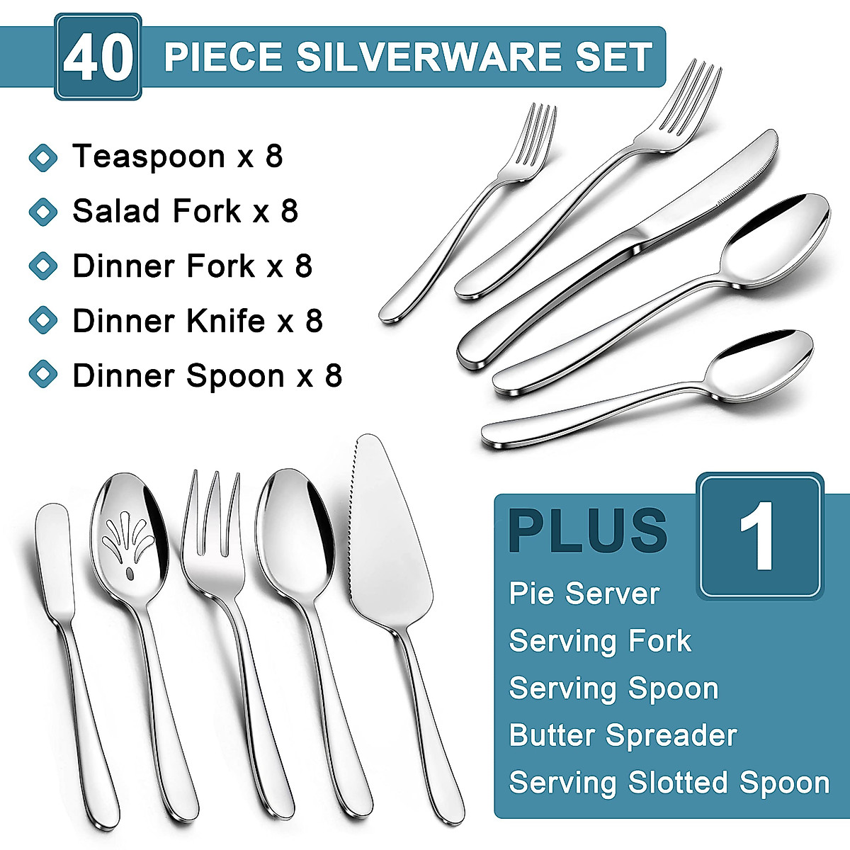 Herogo Heavy Duty Silverware Set with Serving Utensils, 45-Piece Stainless Steel Heavy Weight Modern Flatware Set for 8, Fancy Cutlery for Home Wedding, Dishwasher Safe, Mirror Finished