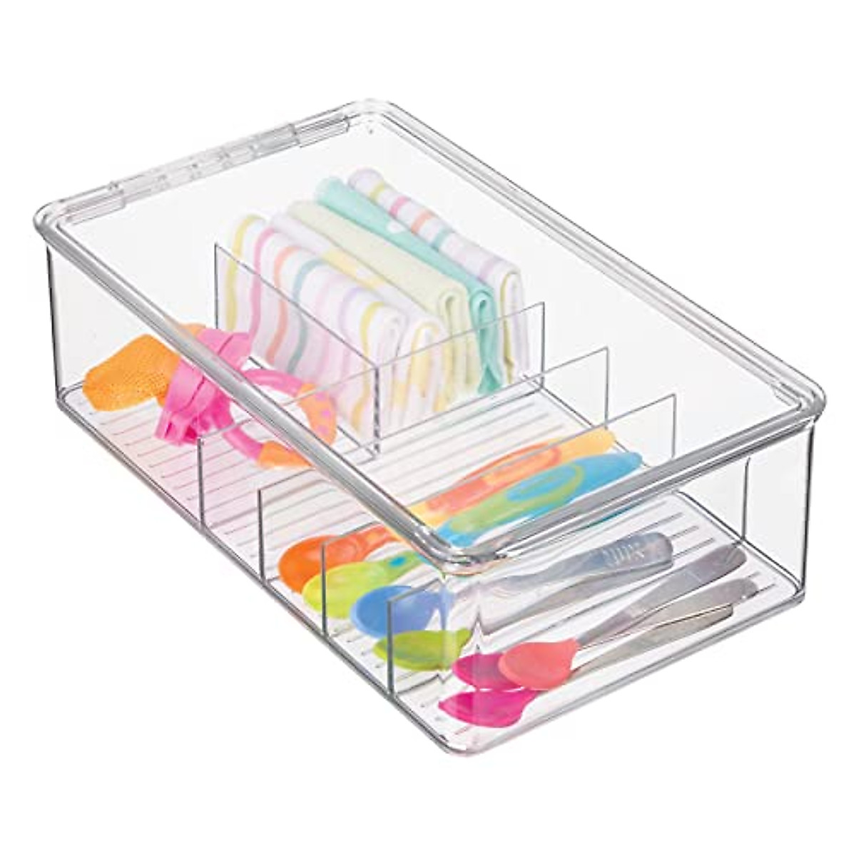 mDesign Stackable Plastic Storage Organizer Container Box for Kitchen Cabinets, Pantry, Countertops - Holds Kids, Child/Toddler Mealtime Sets, Small Accessories - 6 Sections - BPA Free - Clear