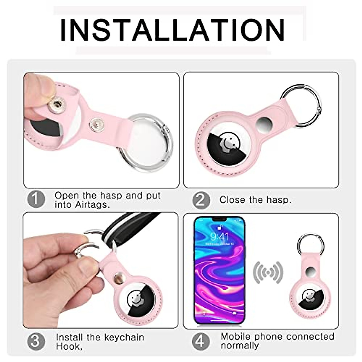 NeBuRing Leather Airtag Case,Key Ring Holder Protection Cover with Keychain Compatible for New Apple Air Tag-Pink