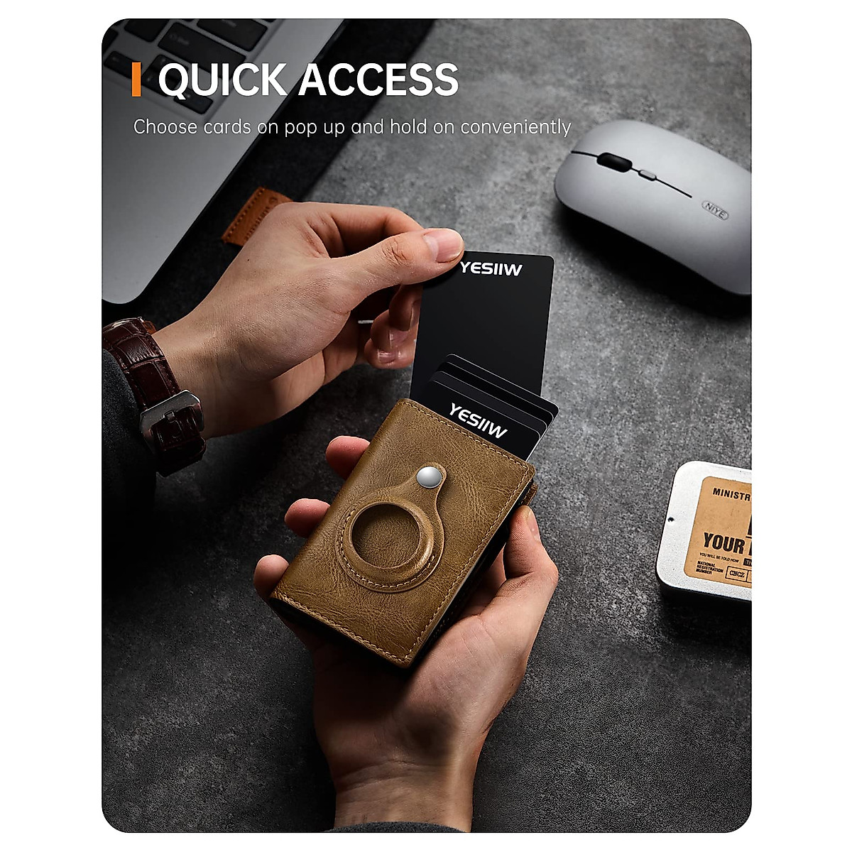 YESIIW AirTag Wallet For Men, Smart Wallet RFID Blocking Credit Card Holder, Silm Leather Front Pocket Wallet, Minimalist Trifold Wallet with ID Window, Money Clip, Apple Airtag Holder (Earth Yellow)