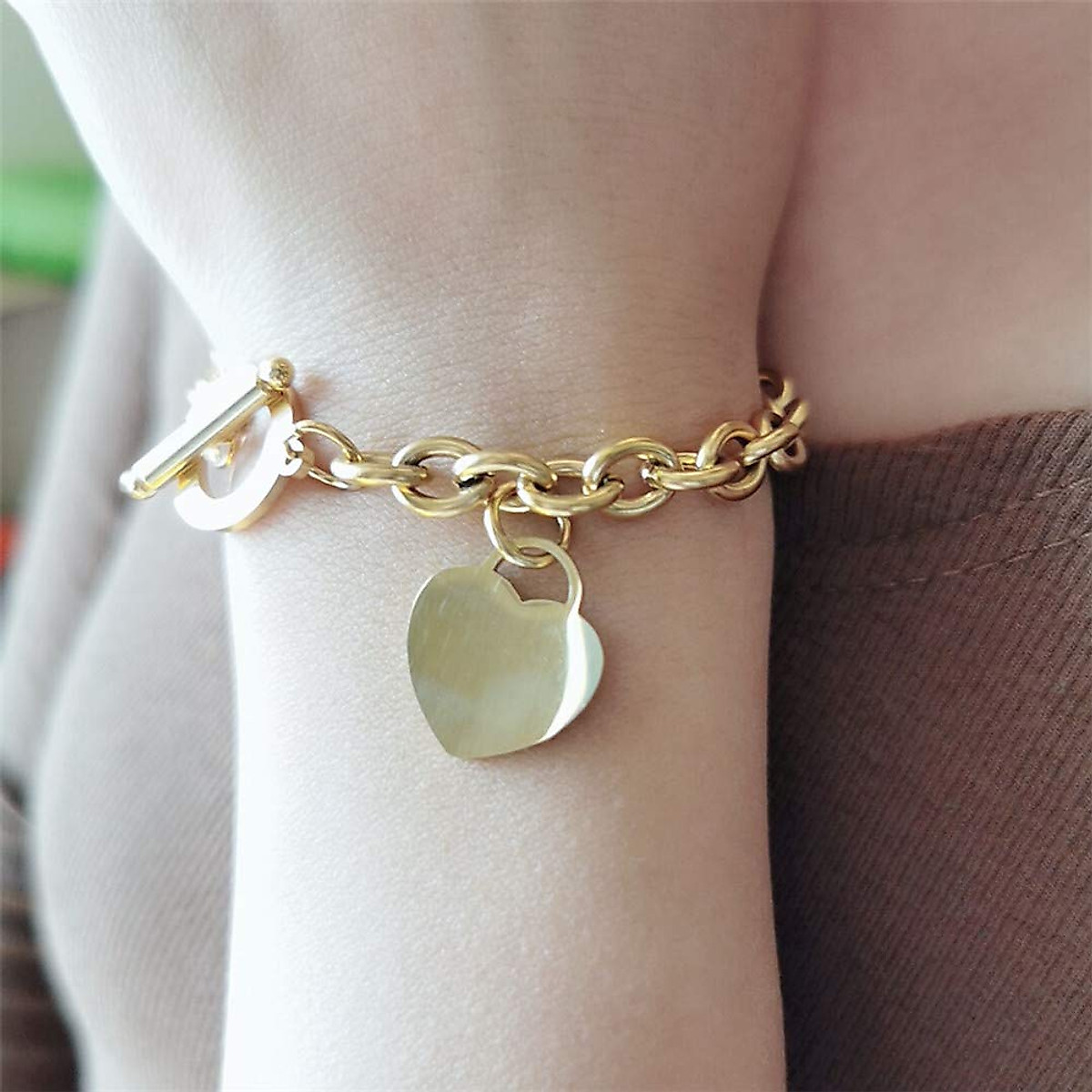 WangGao Elegent Love Stainless Steel Link Chain Blank Heart Charms Bracelet for Women Fits 6.27-7.24'' Wrist Toggle Clasp Closure Gold