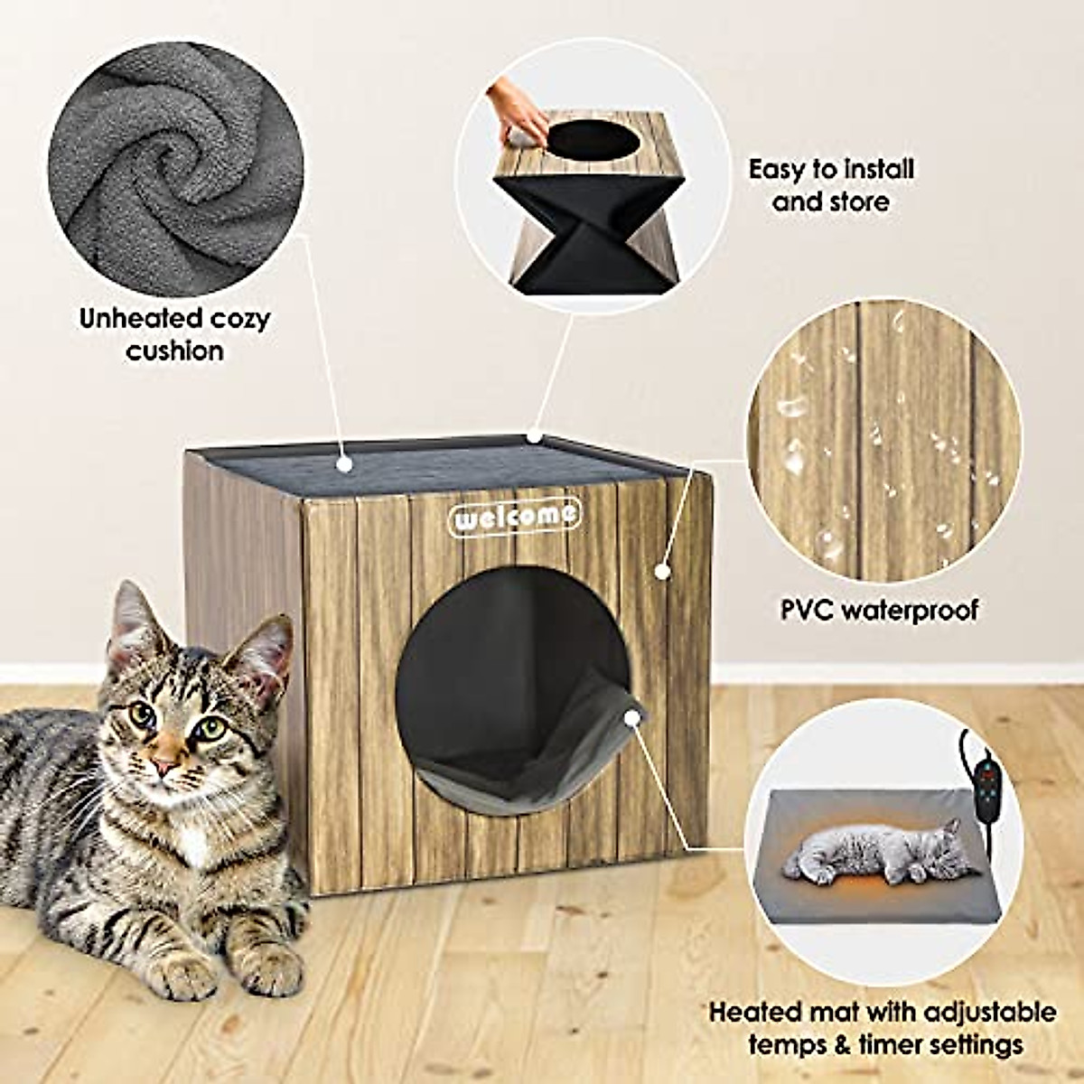 Heated Cat Houses for Outdoor Cats, PETNF Weatherproof Feral Cat House for Indoor Outside Cats Small Dogs in Winter, Heated Cat Bed with Pet Heating Pad, Foldable Waterproof Safe Insulated Cat Shelter