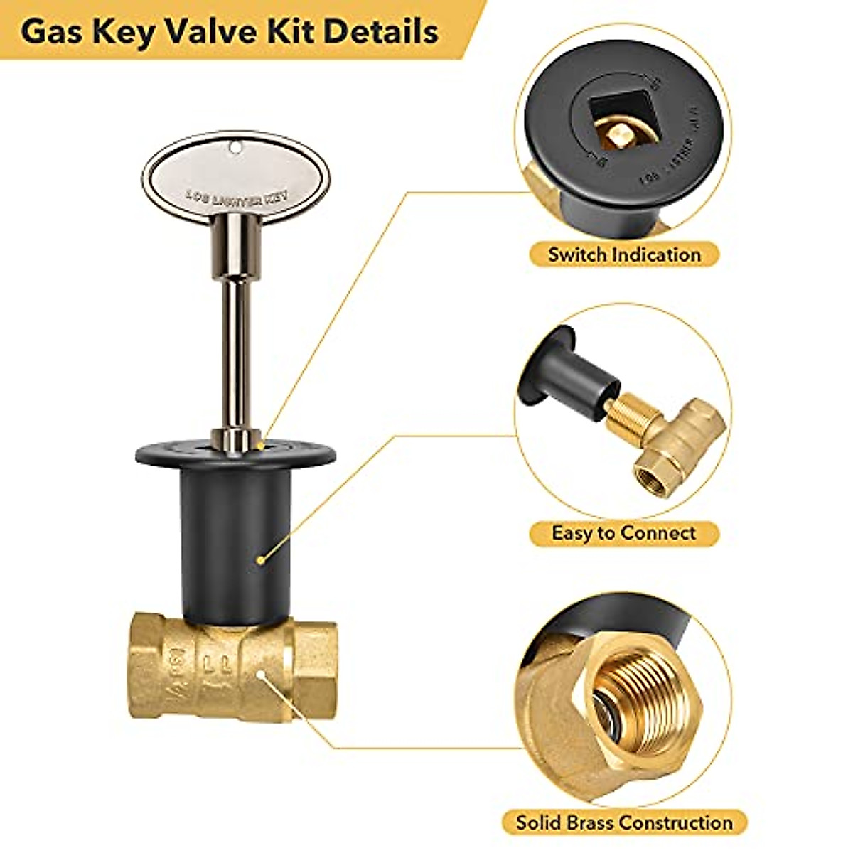 Skyflame 1/2 Inch Straight Gas Key Valve Kit for Fire Pit Fireplace with Flange and 3 Inches Key, Flat Black