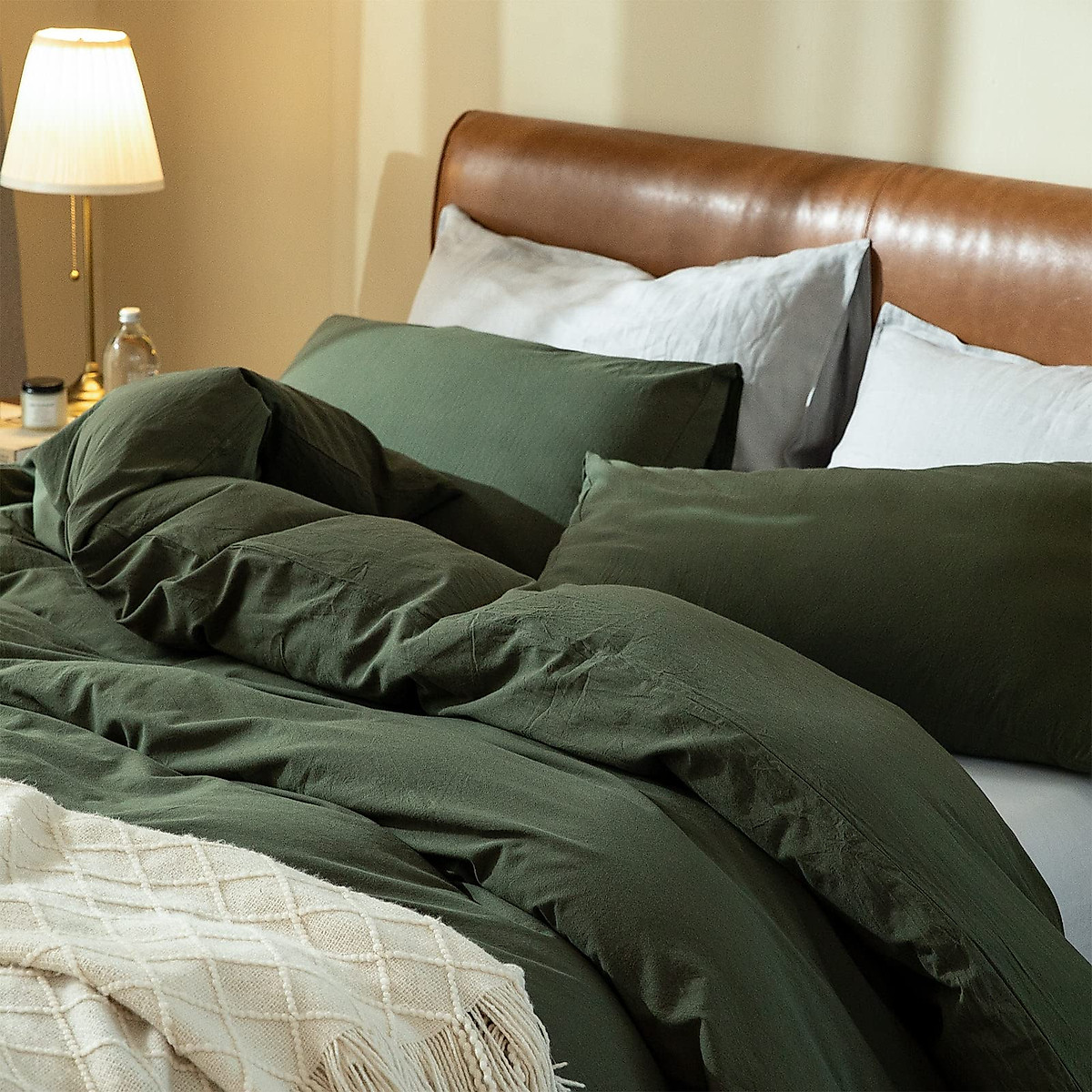 Dark Green Duvet Cover Queen, 100% Washed Cotton Linen Like Textured 3 Pieces Bedding Set, Queen Duvet Dark Green, Luxury Relaxed Feel Natural Wrinkled Breathable Soft Comfy (Dark Green, Queen)